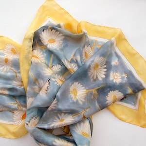 Daisy Silk Scarf Hand Painted, Yellow Grey Shawl, Luxurious Woman ...