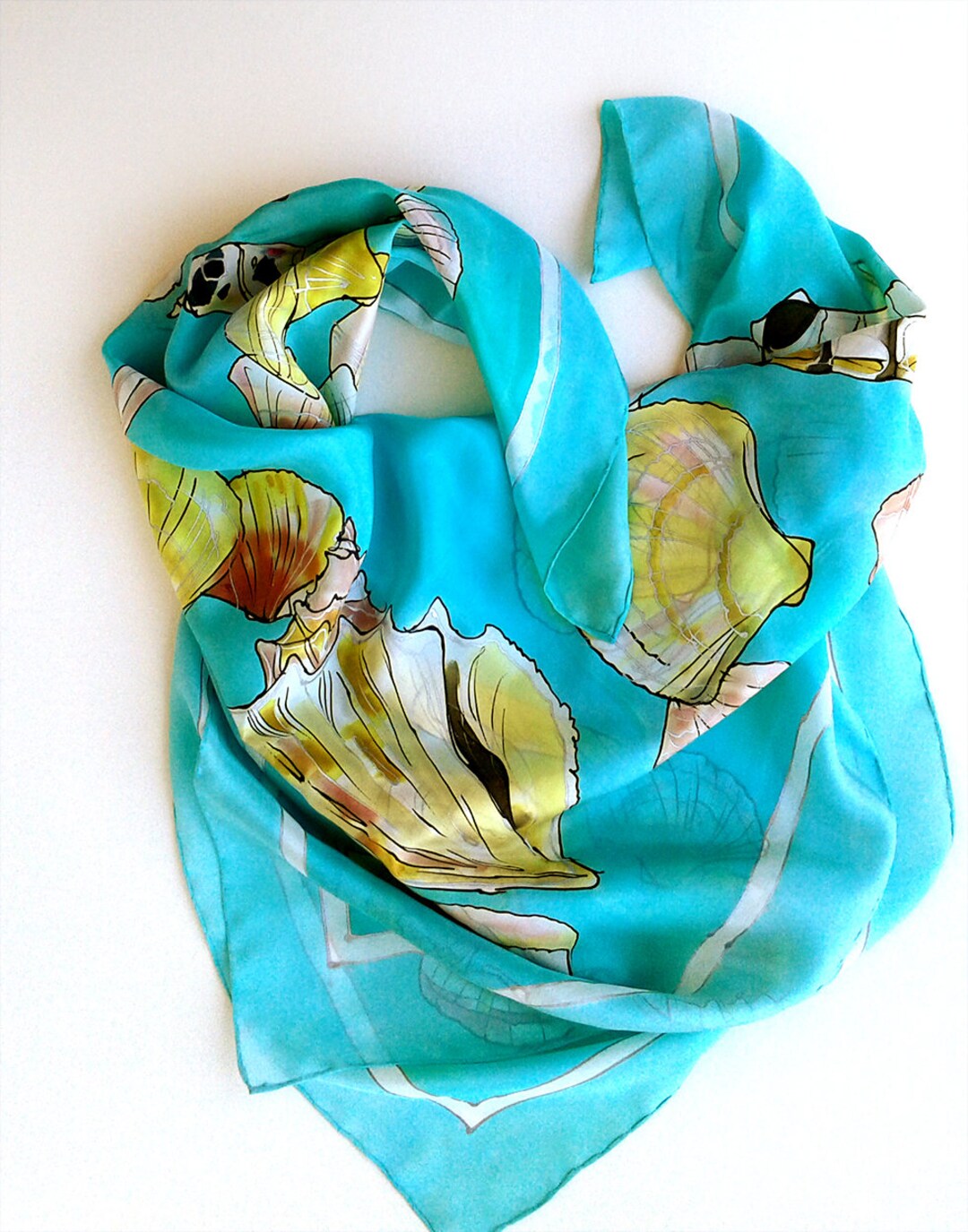 Square Silk Scarf/ Hand Painted Seashells Scarf. Aqua Blue Ocean Scarf ...