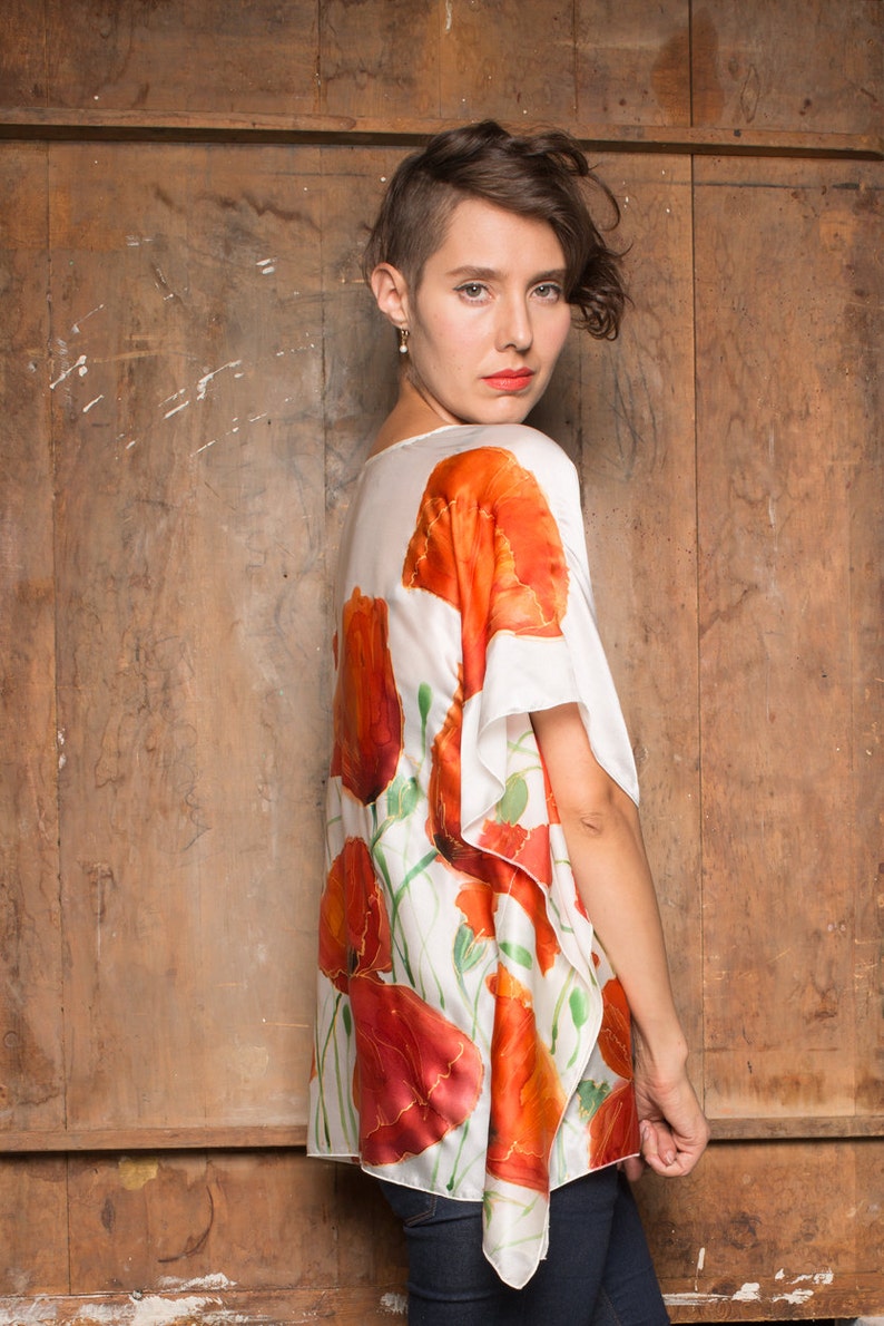 Hand Painted Silk Satin Blouse Red Poppies Women Top - Etsy
