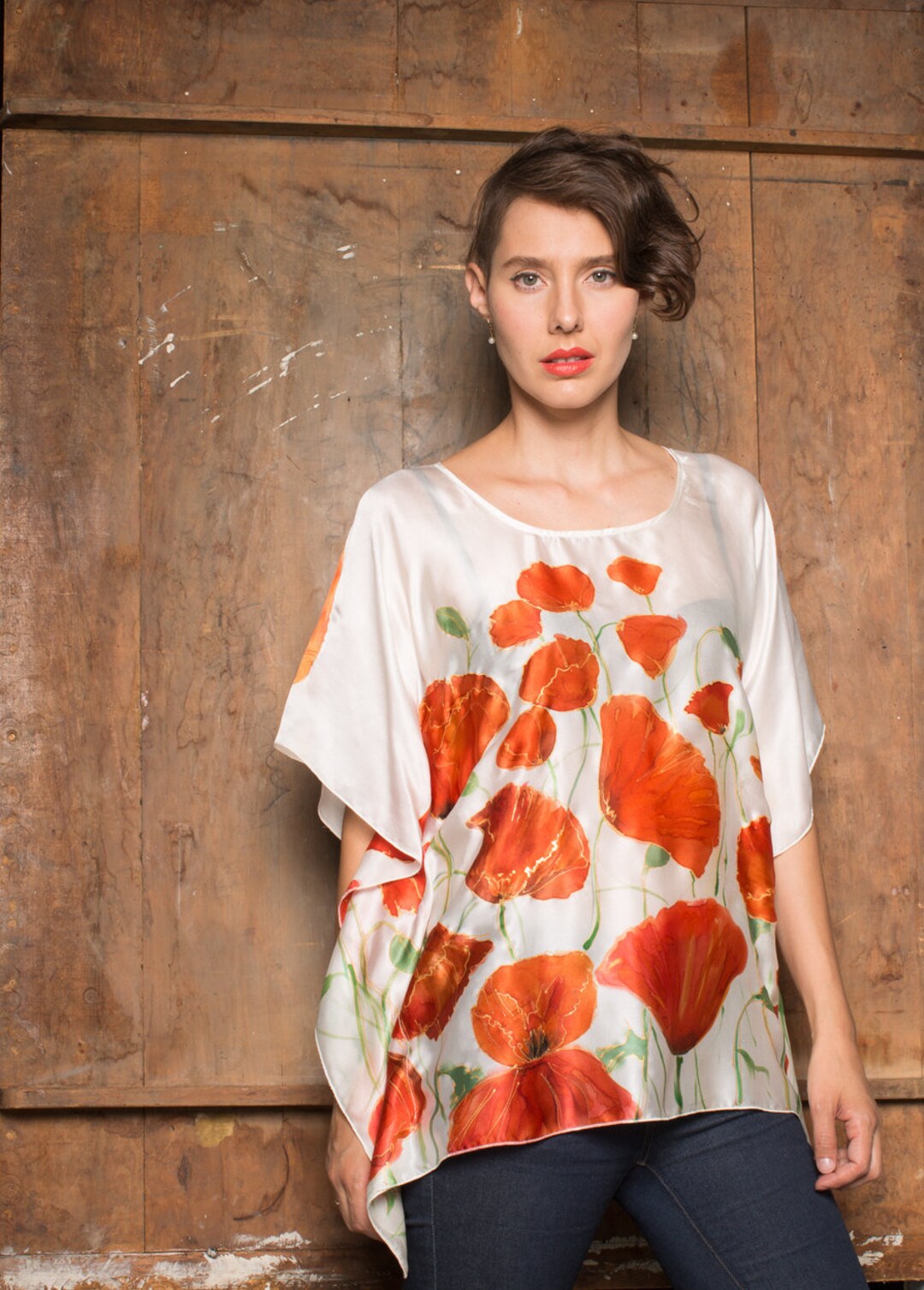 Hand-painted Silk Satin Blouse: Red Poppies Floral Top - Etsy