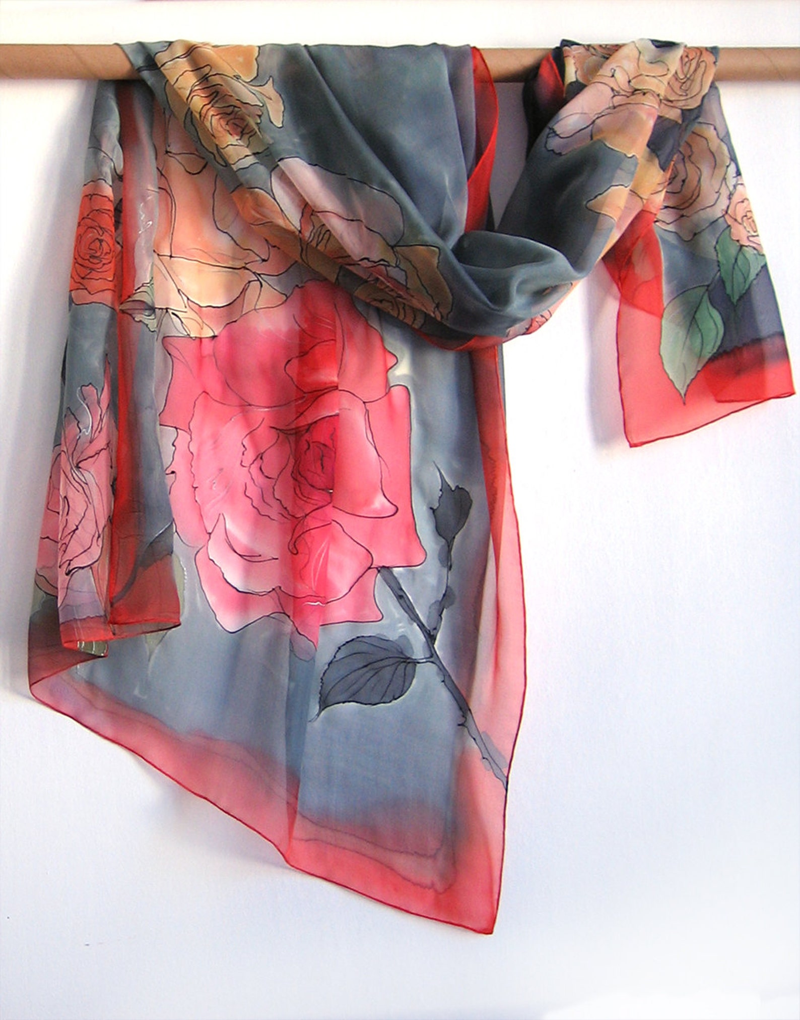 Red Silk Chiffon Scarf Roses Garden Luxury Silk Scarf - Etsy