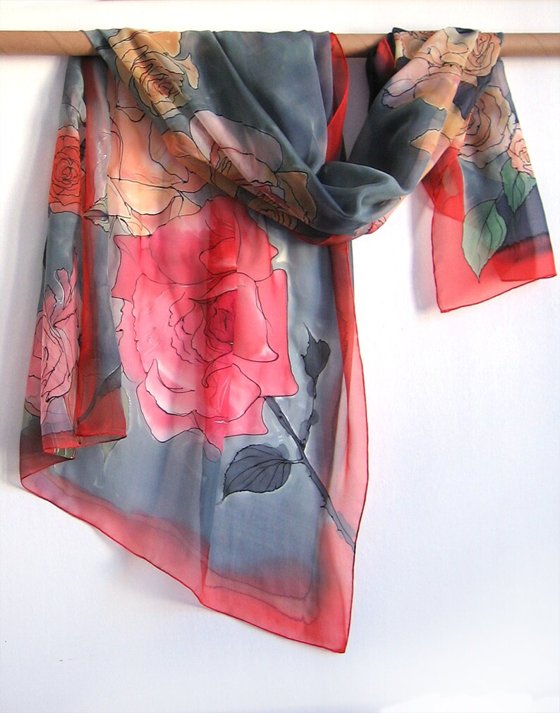 Red Silk Chiffon Scarf Roses Garden Luxury Silk Scarf - Etsy