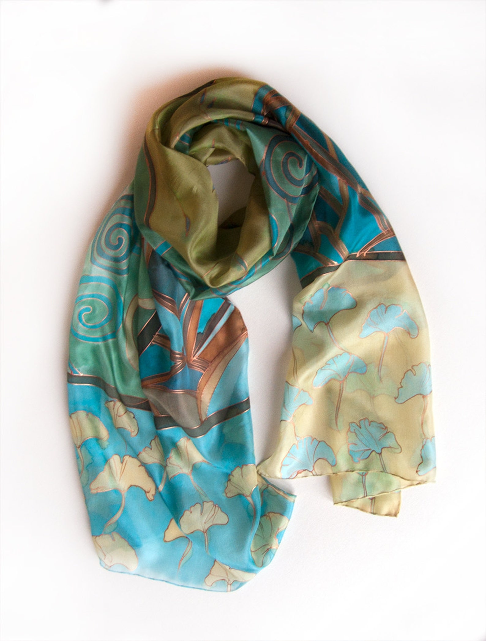 Hand Painted Scarf Ginkgo Leaves Bouquet. Green Ocher and - Etsy