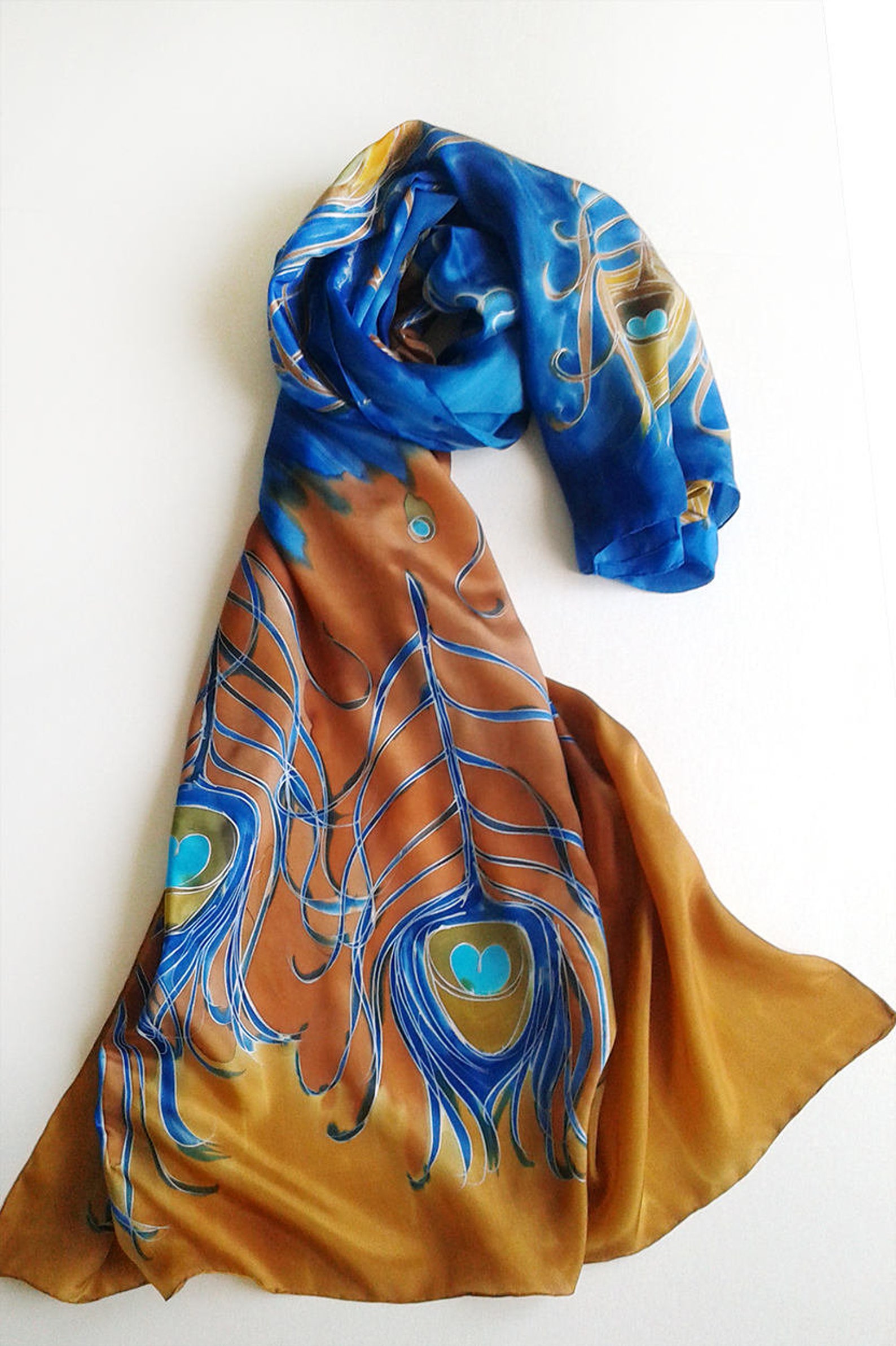 Hand Painted Silk Scarf Peacock Feathers Designer Scarf - Etsy