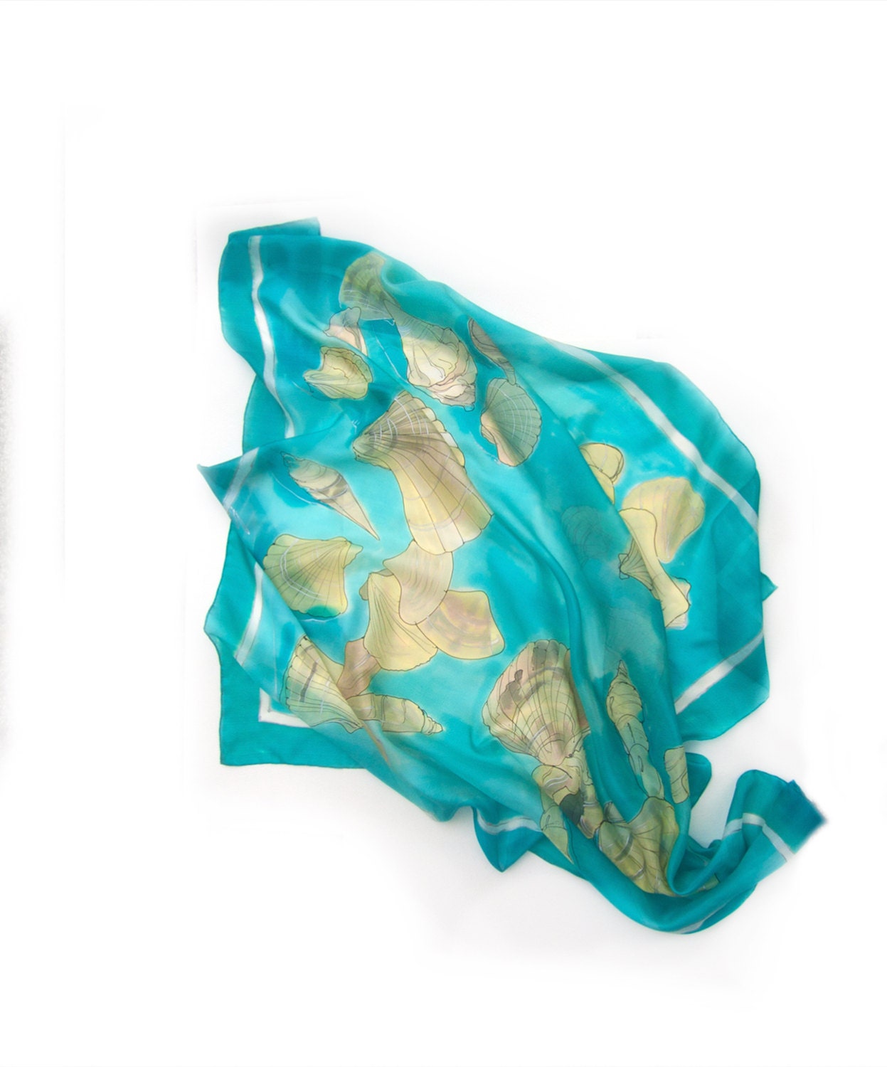Square Silk Scarf/ Hand Painted Seashells Scarf. Aqua Blue - Etsy