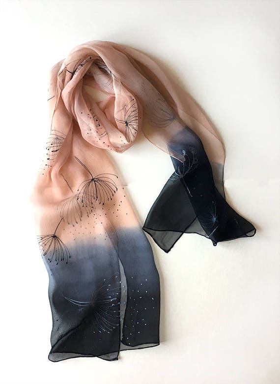 Apricot Silk Chiffon scarf with black borders Hand painted | Etsy