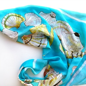 Square Silk Scarf/ Hand Painted Seashells Scarf. Aqua Blue Ocean Scarf ...