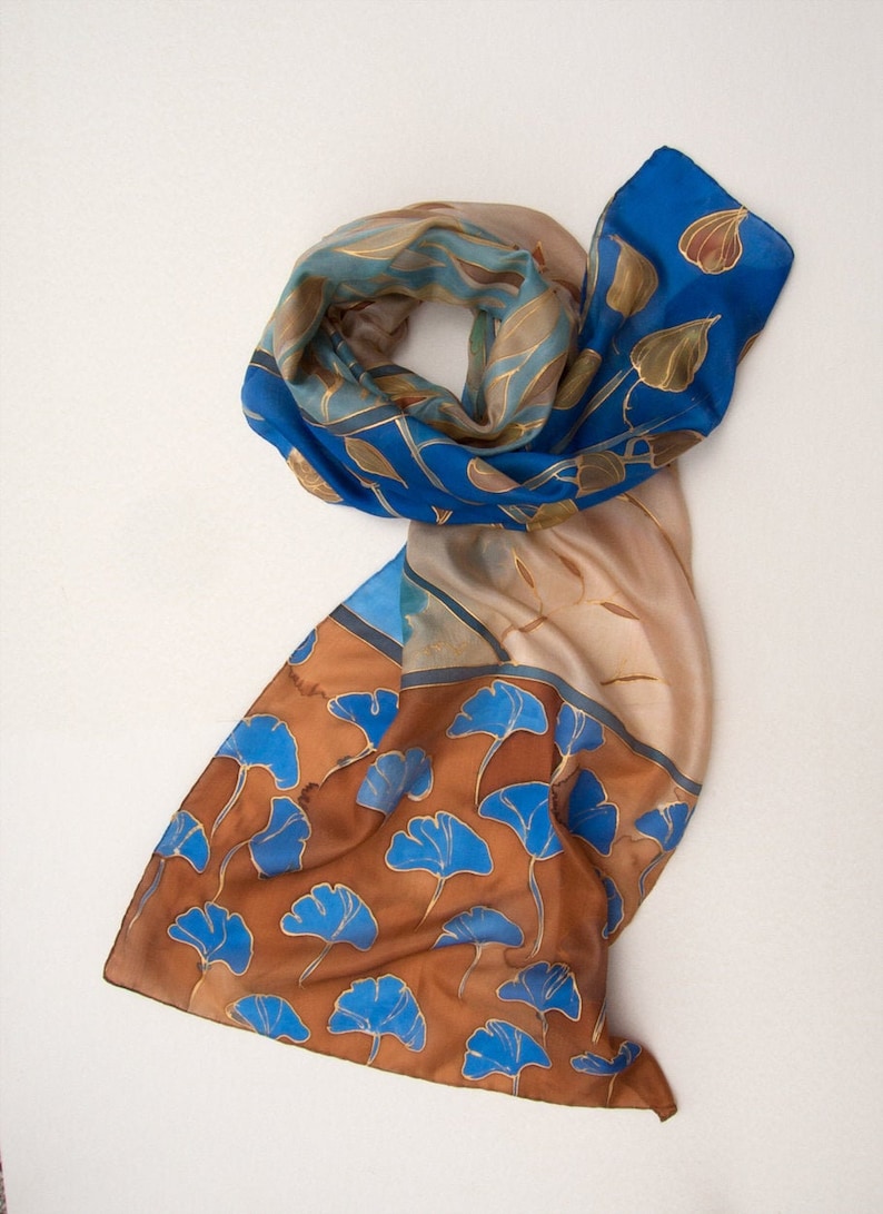 Hand Painted Silk Scarf, Ginkgo Leaves, Cobalt & Brown - Etsy