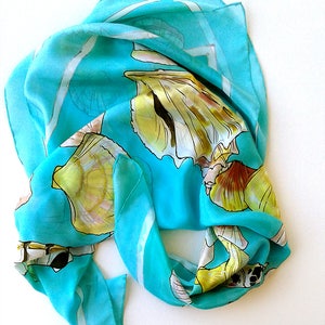 Square Silk Scarf/ Hand Painted Seashells Scarf. Aqua Blue Ocean Scarf ...