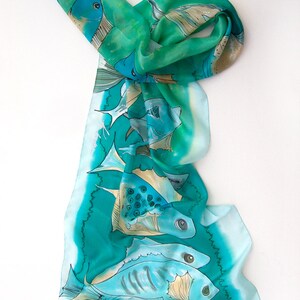 Hand Painted Silk Scarf- Caribbean Fishes Aqua Blue Silk Scarf Summer ...