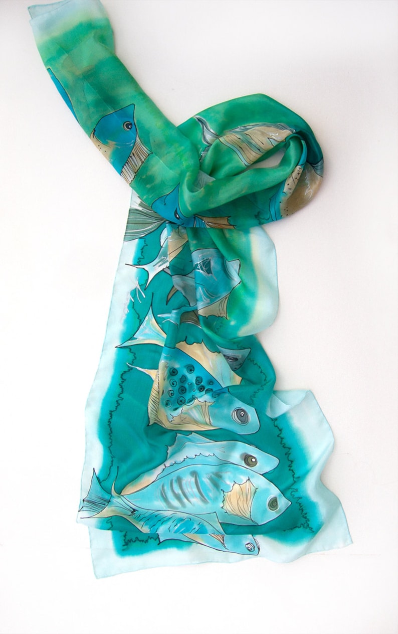 Hand Painted Silk Scarf Caribbean Fishes Aqua Blue Silk Scarf - Etsy