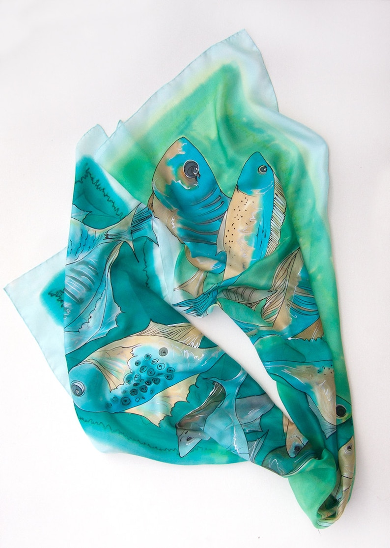 Hand Painted Silk Scarf Caribbean Fishes Aqua Blue Silk Scarf | Etsy