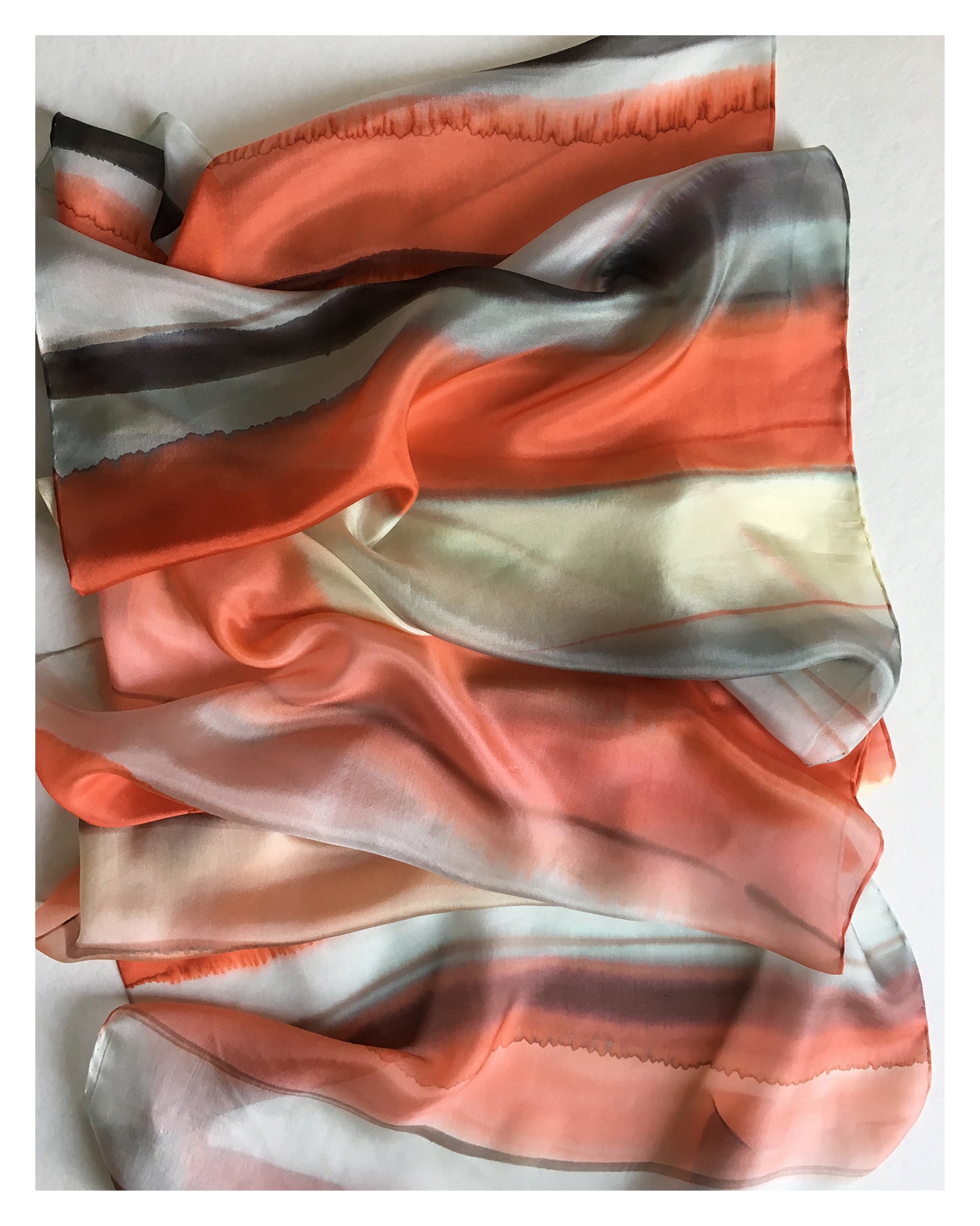 Coral Striped Silk Scarf Hand painted scarves Light Gray | Etsy