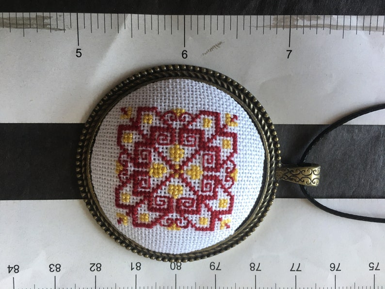 Hand embroidered necklace Cross stitch pendant Textile | Etsy
