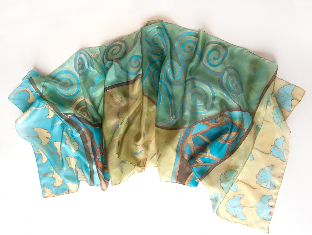 Hand Painted Scarf- Ginkgo Leaves Bouquet. Green Ocher and Aqua Scarf ...