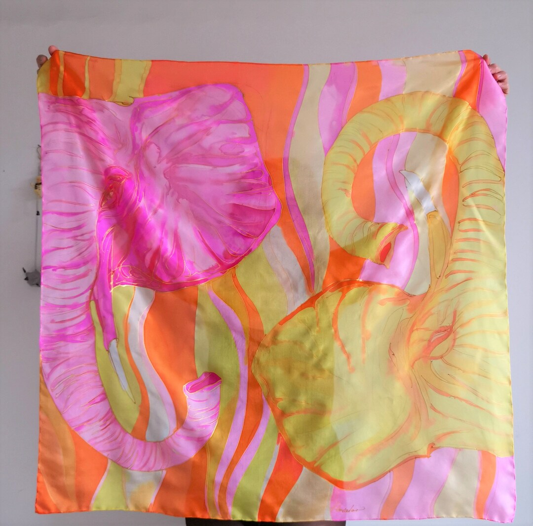ELEPHANT Silk Scarf Square, Bright Neon Headband, Hand Painted Scarves ...