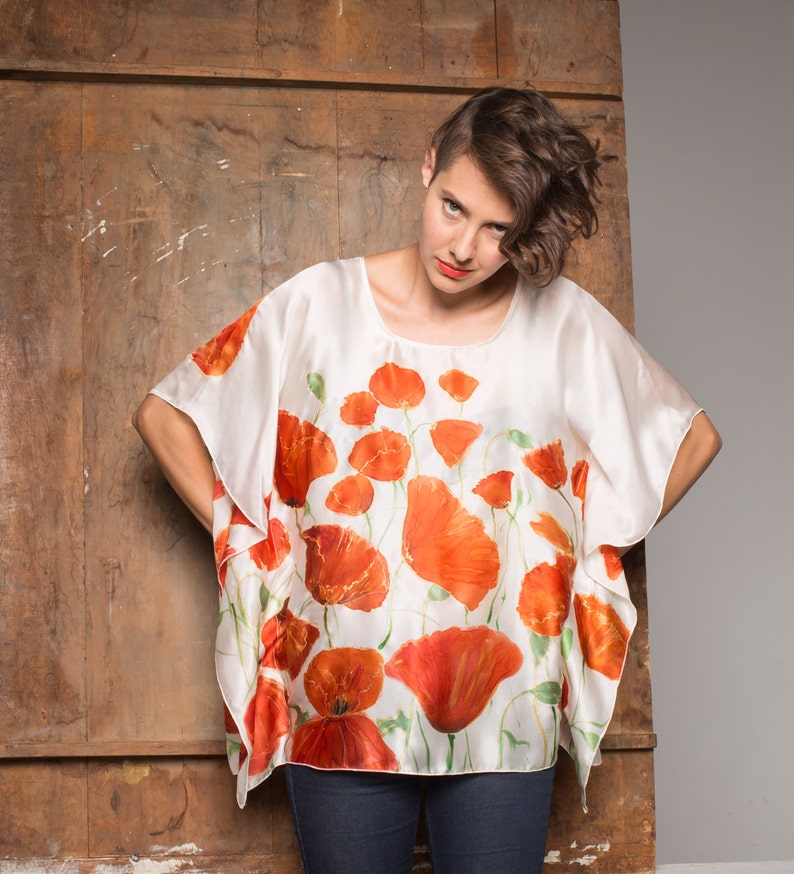Hand Painted Silk Satin Blouse Red Poppies Women Top - Etsy