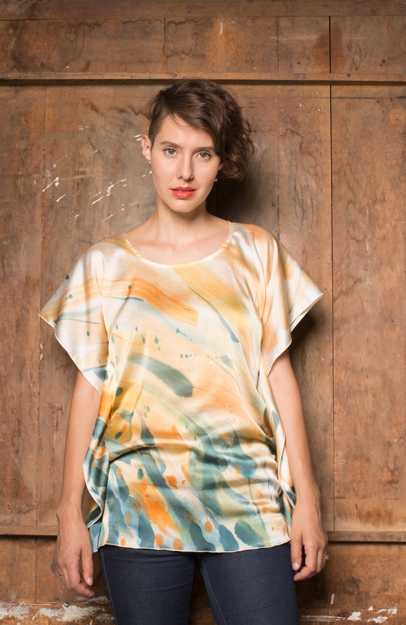 Hand-painted Silk Satin Blouse: Abstract Blue Grey Ocher Top - Etsy