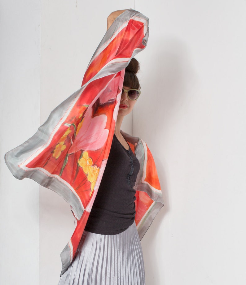 Scarlet Red Magnolia Hand-painted Silk Scarf: Boho Bridal Shawl - Etsy