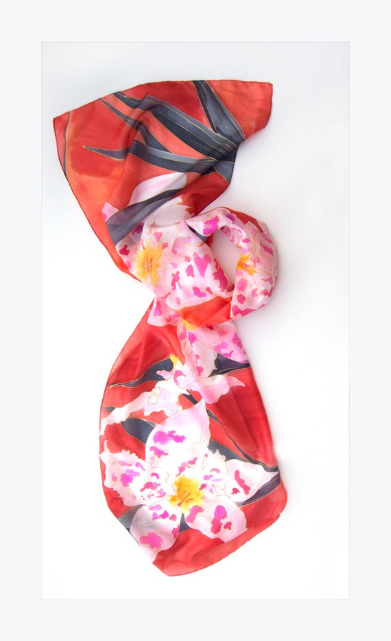 Hand Painted Silk Scarf Bright Red Silk Shawl Orchids Silk | Etsy