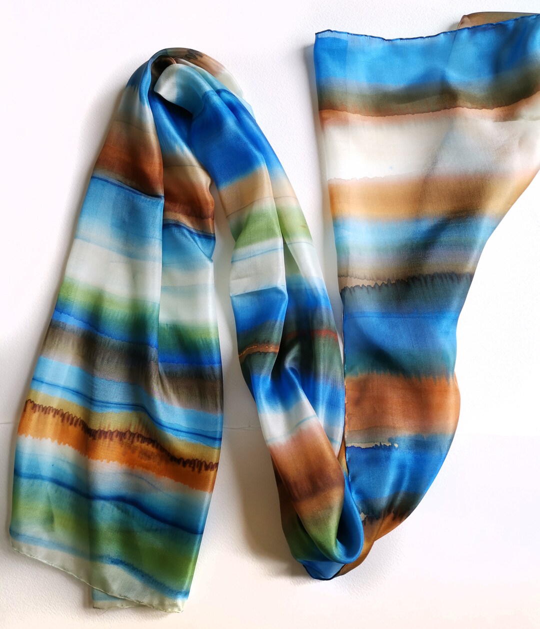 Hand Painted Silk Scarf: Blue Green Abstract Striped Neck Scarf - Etsy