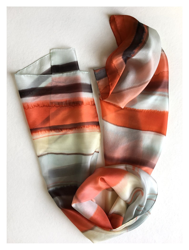 Coral Striped Silk Scarf Hand painted scarves Light Gray | Etsy