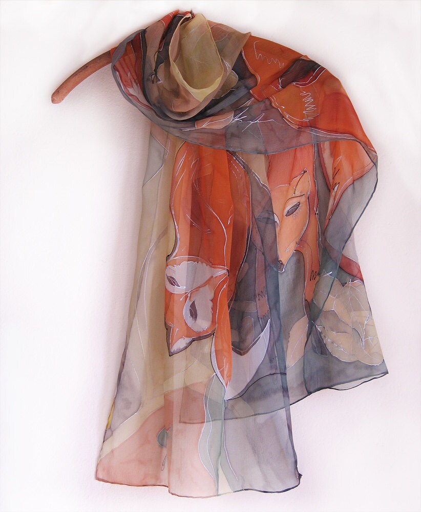 Fox Silk Scarf. Hand Painted Silk Chiffon Scarf. Tangerine - Etsy
