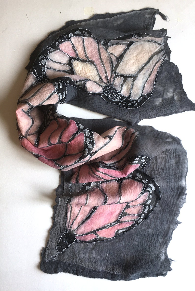 Felted Scarf Butterfly's Wings Scarf/ Dark Gray Pink | Etsy