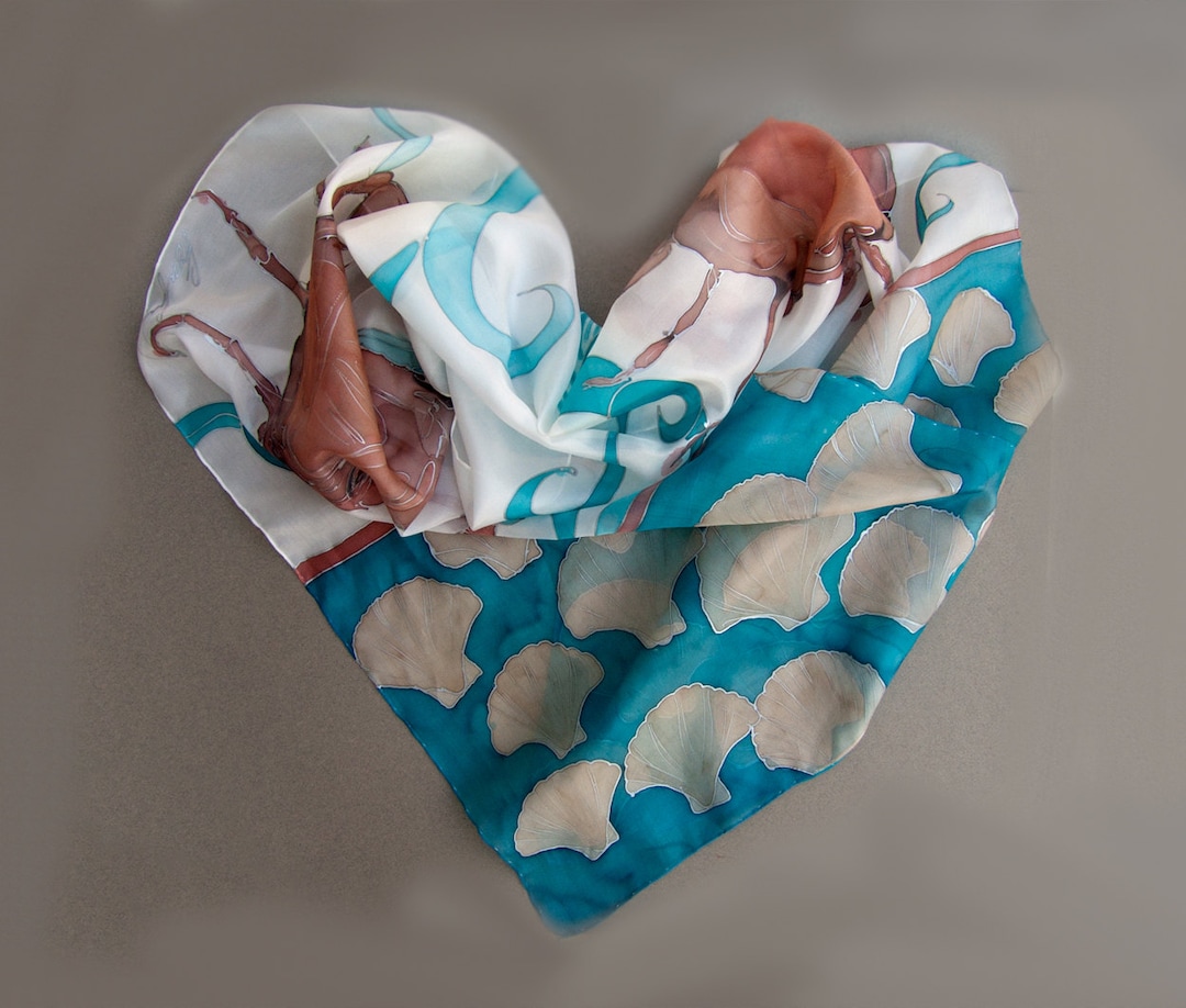 Hand Painted Silk Scarf Silver Seashells. Summer Scarf | Zodiac Scarf ...
