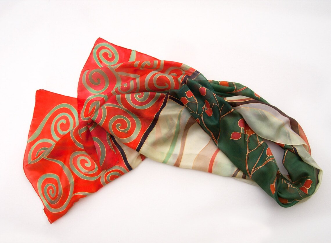Hand-painted Silk Scarf: Klimt Inspired, Red & Green Art Deco Shawl - Etsy