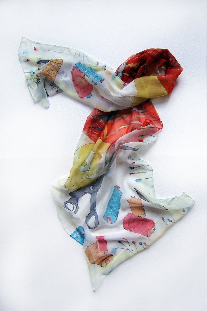 Silk chiffon scarf Dressmakers tools. Hand painted scarf. | Etsy