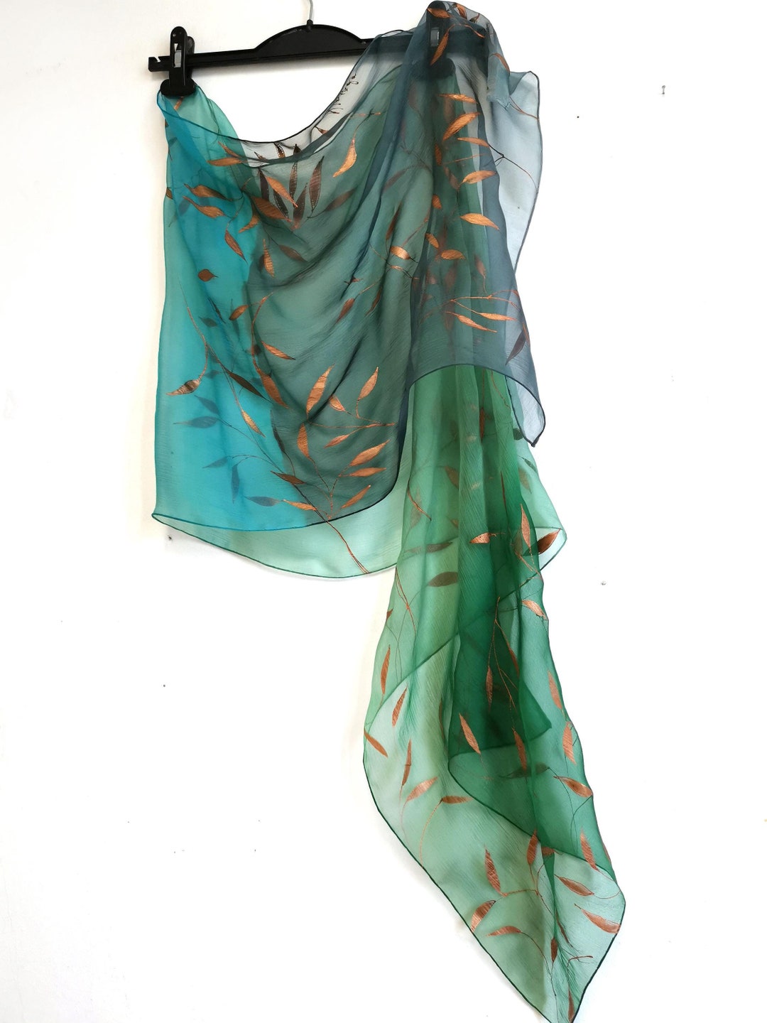 Hand Painted Silk Chiffon Scarf: Green Gray Botanical Shawl With ...