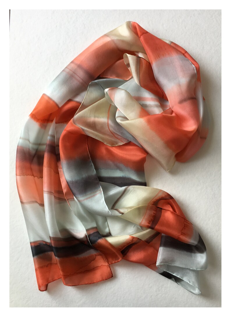 Coral Striped Silk Scarf Hand painted scarves Light Gray | Etsy
