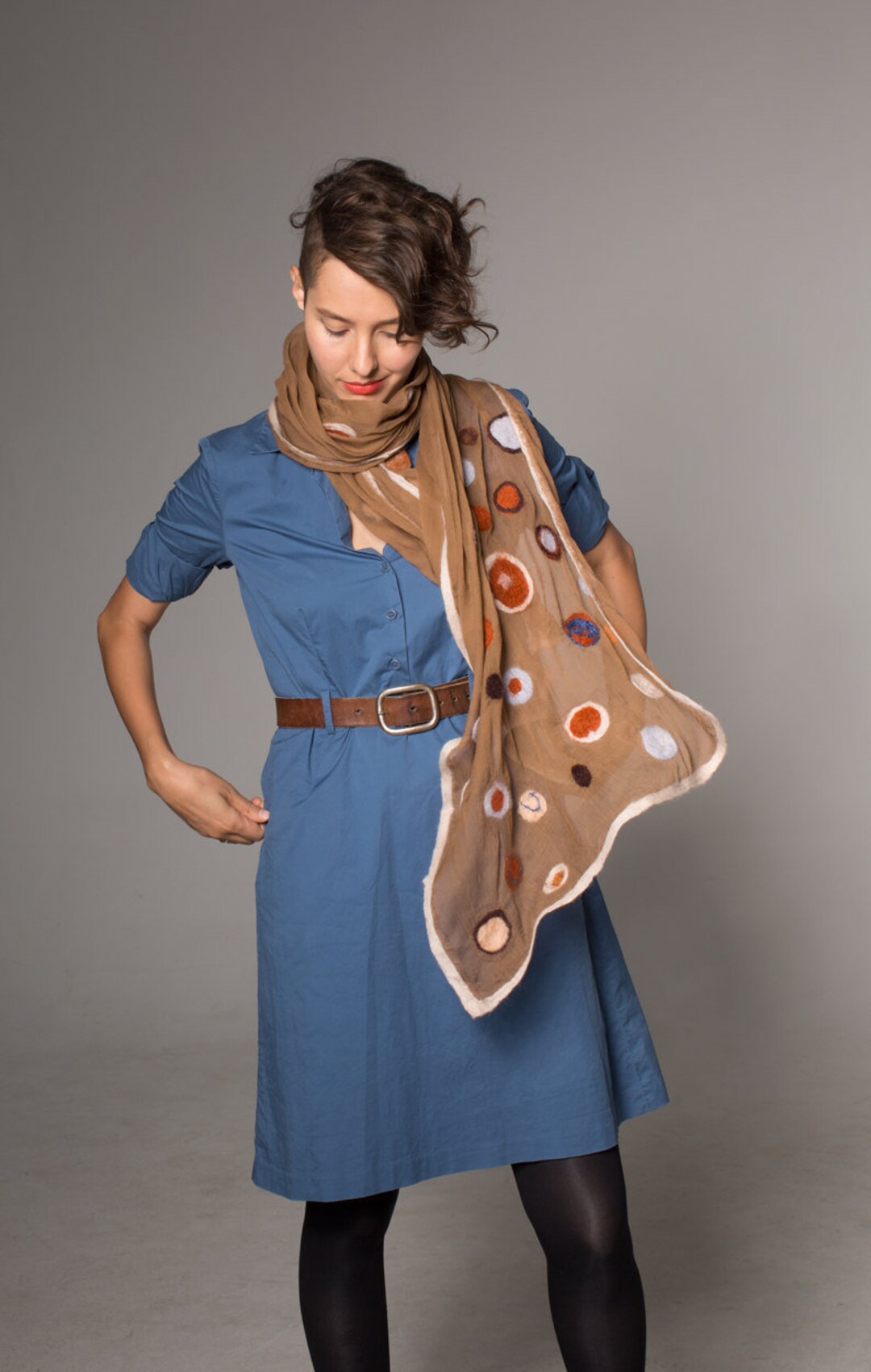 Camel Felted Scarf. Nuno Felt Scarf. Geometric Silk Chiffon Scarf. Fall ...