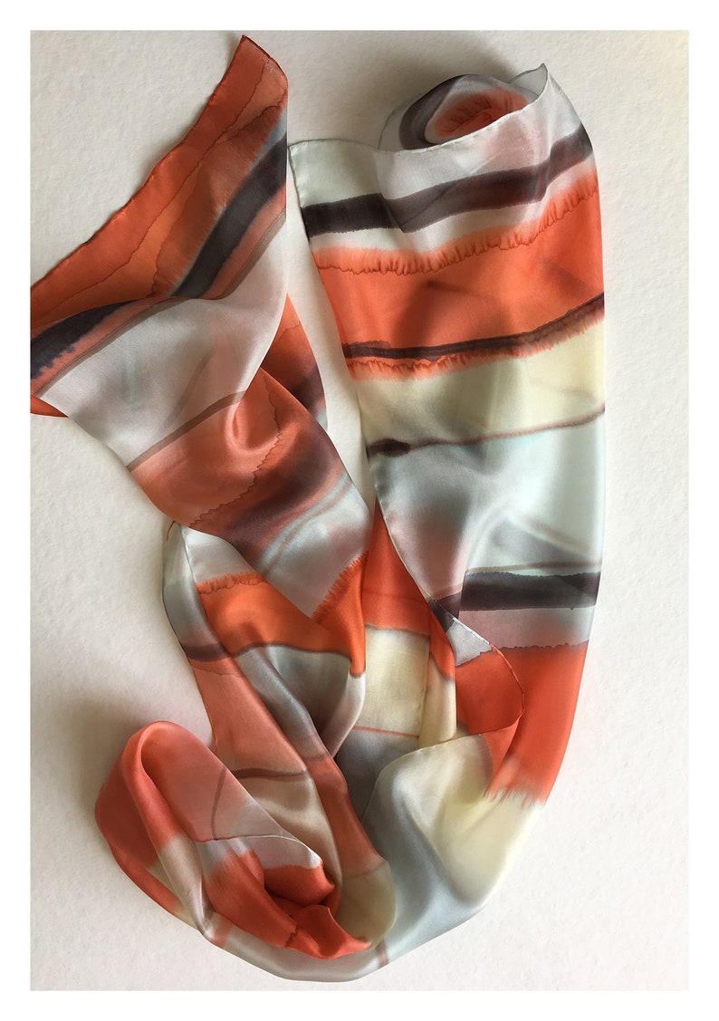 Coral Striped Silk Scarf Hand painted scarves Light Gray | Etsy