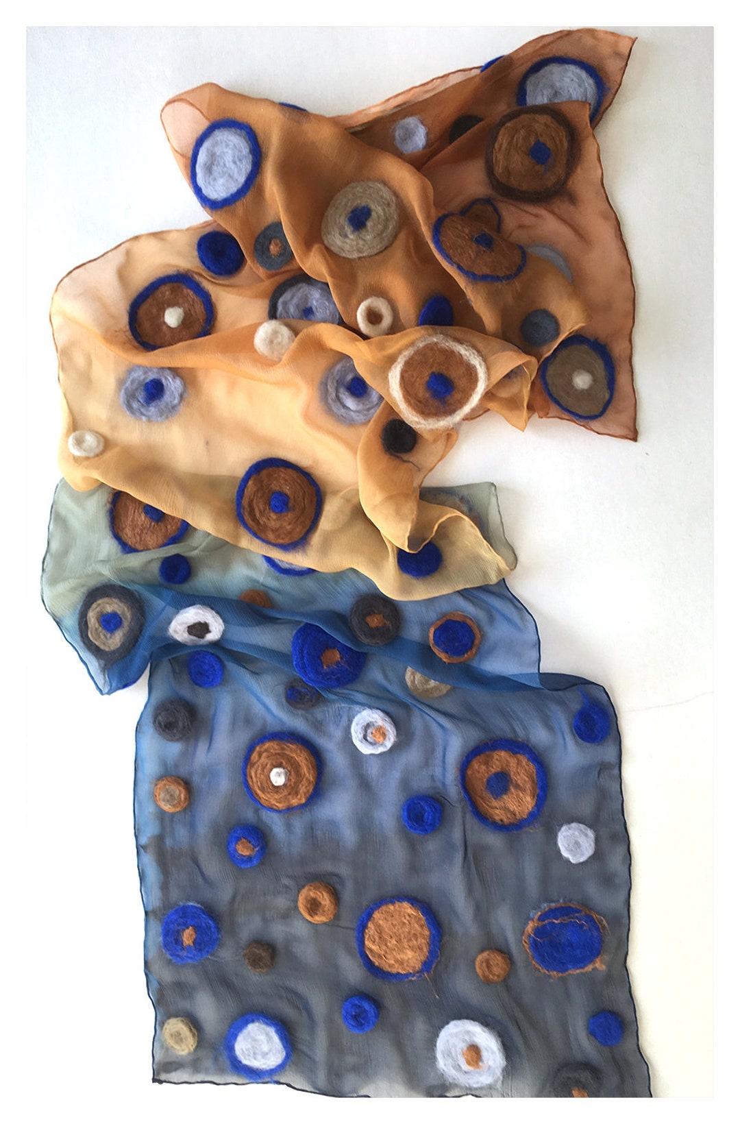Nuno Felted Scarf: Silk Chiffon, Blue Ocher Dots, Wool Accessory - Etsy