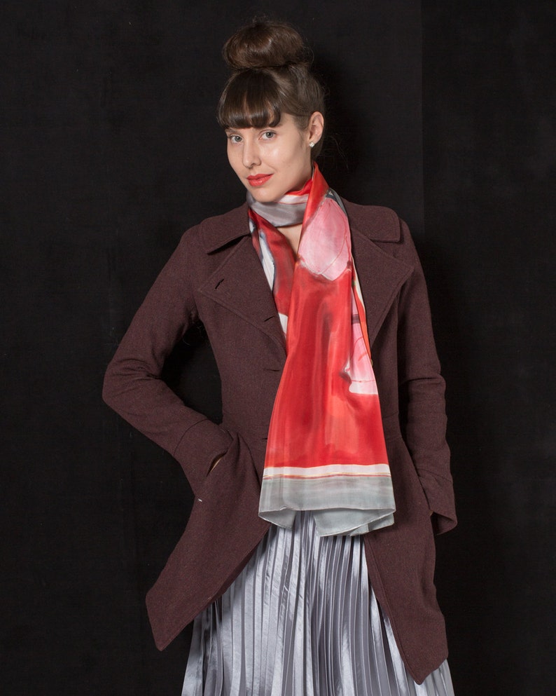 Scarlet Red Magnolia Hand Painted Silk Scarf Birthday Gift | Etsy