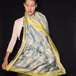 Daisy Silk Scarf Hand Painted, Yellow Grey Shawl, Luxurious Woman ...