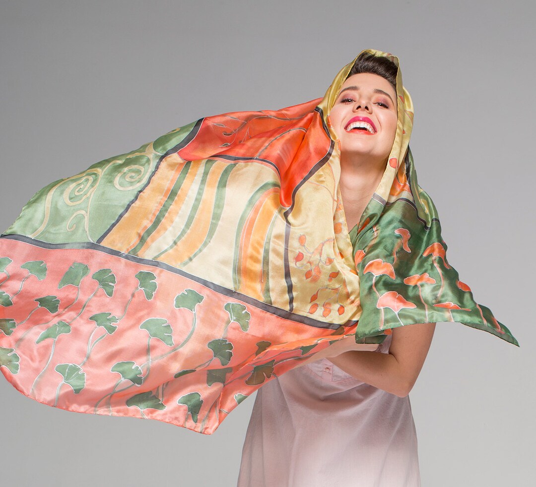 Hand-painted Ginkgo Leaf Silk Scarf, Red Green Evening Shawl - Etsy