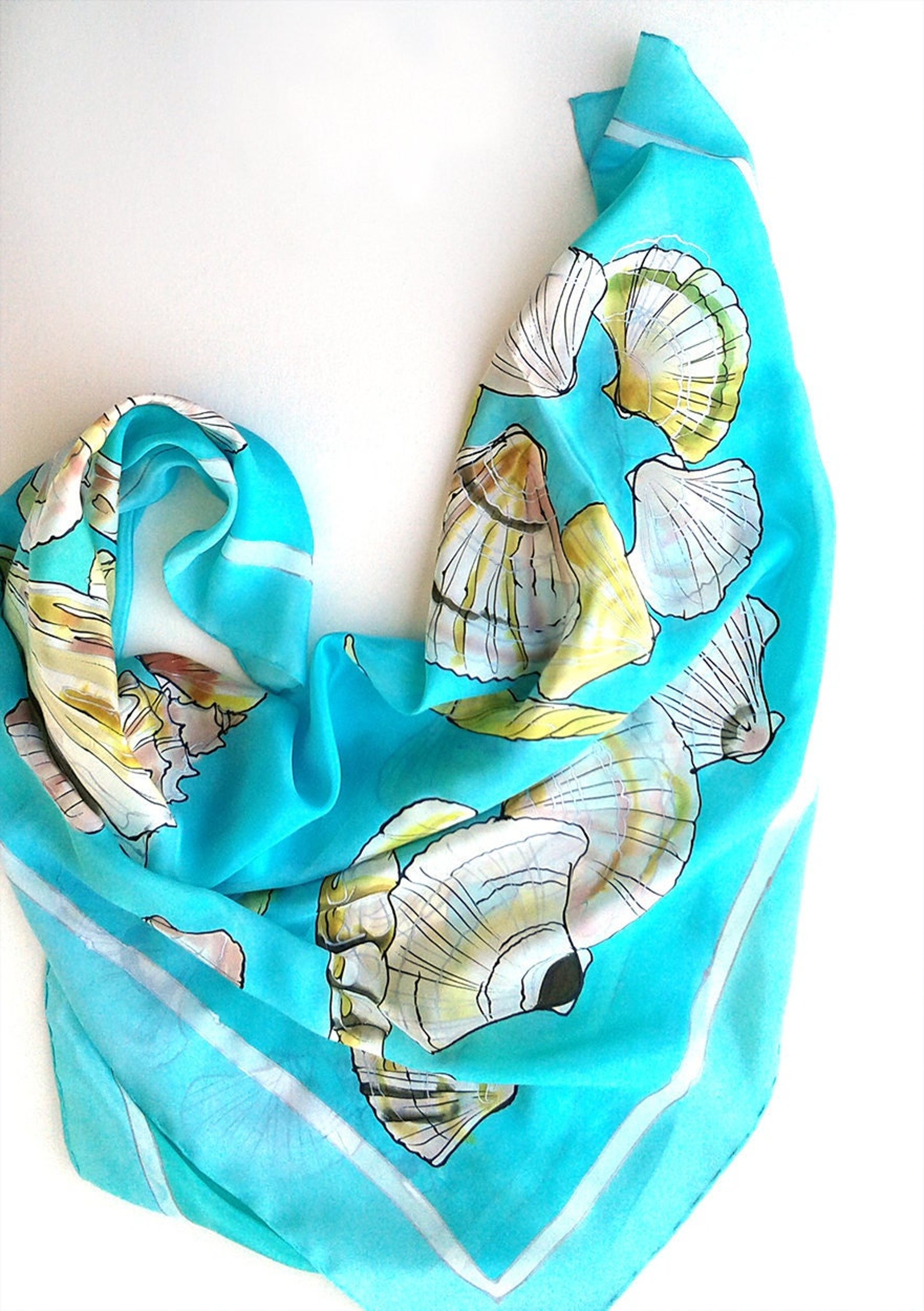 Square Silk Scarf/ Hand Painted Seashells Scarf. Aqua Blue - Etsy
