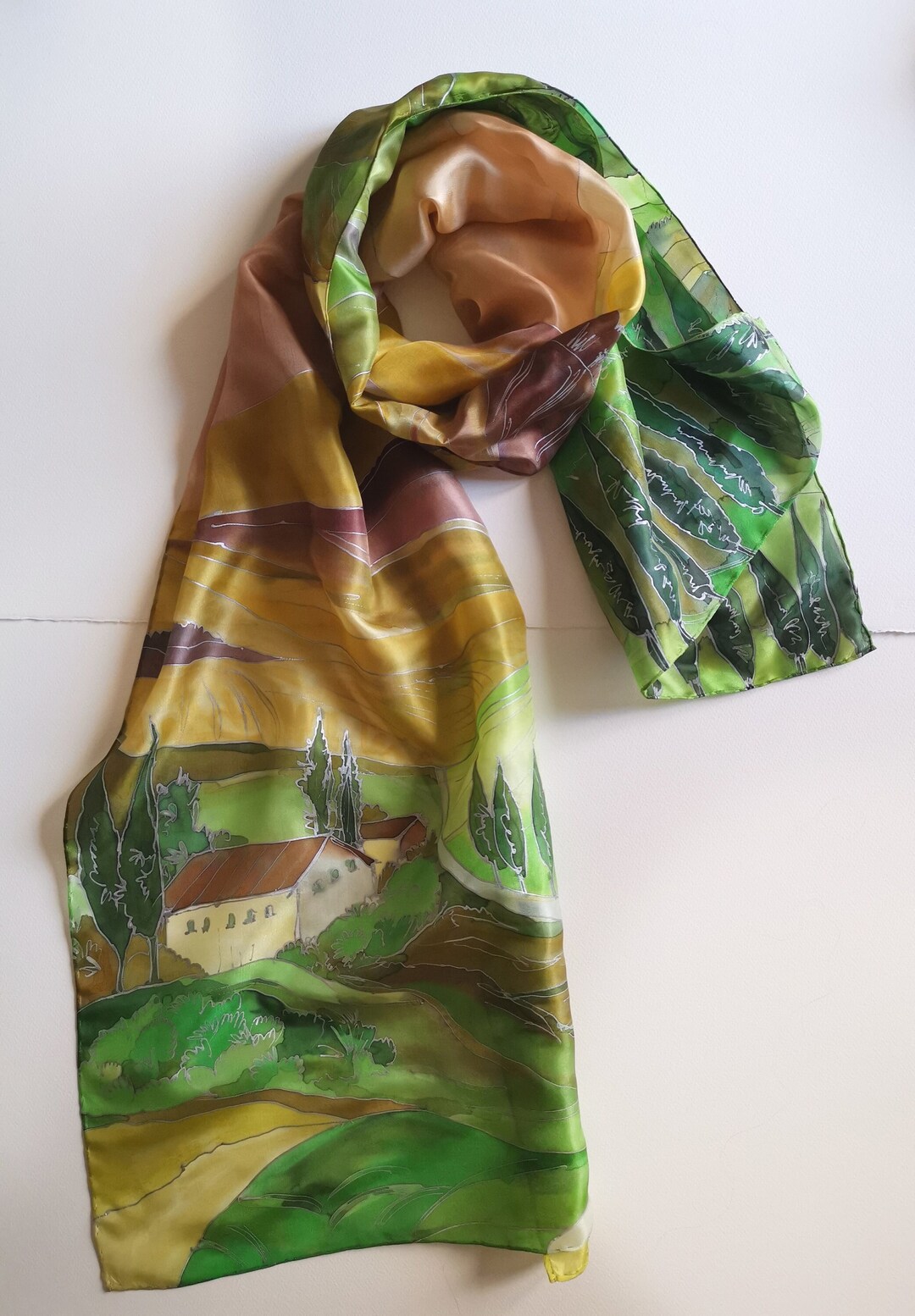 Tuscany Golden Summer Silk Scarf Hand Painted, Long Neck Shawl, Italy ...