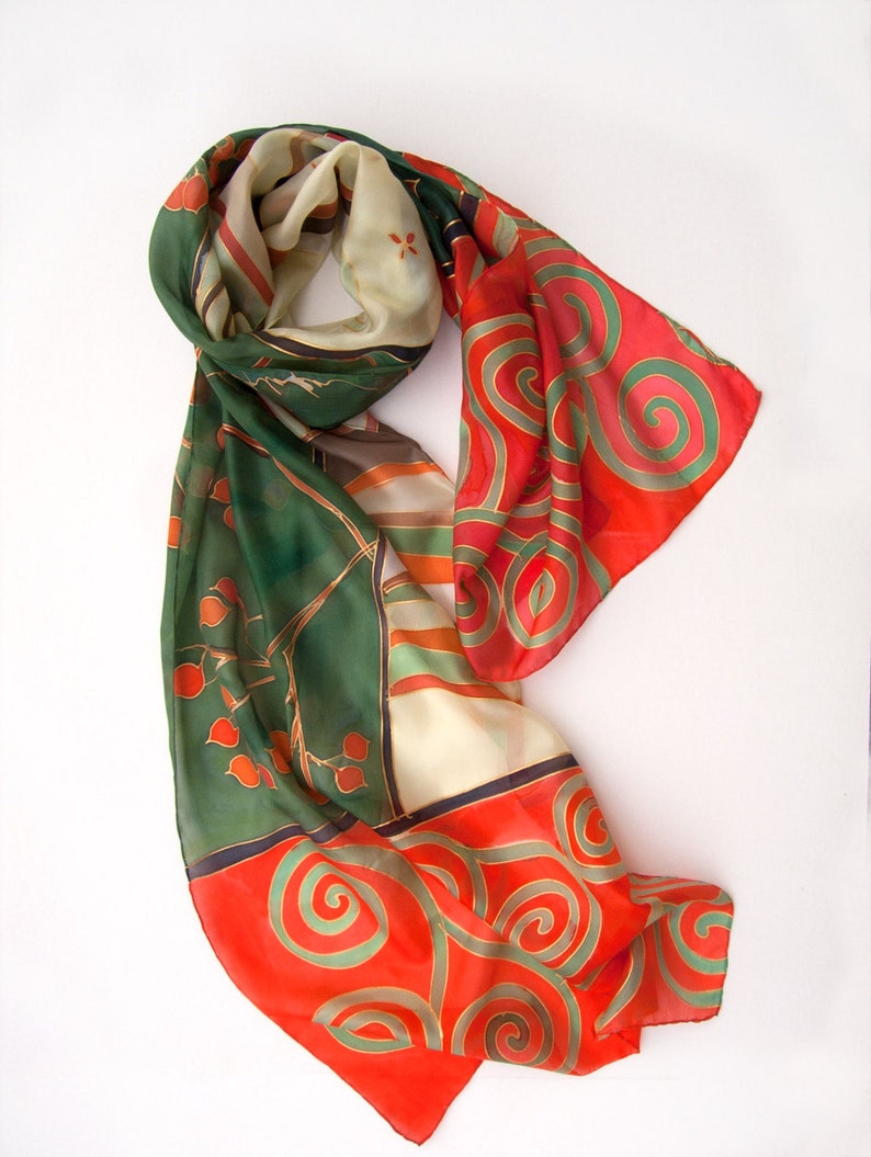 Hand Painted Silk Scarf/ Klimt Inspired Scarf/ Red Green | Etsy