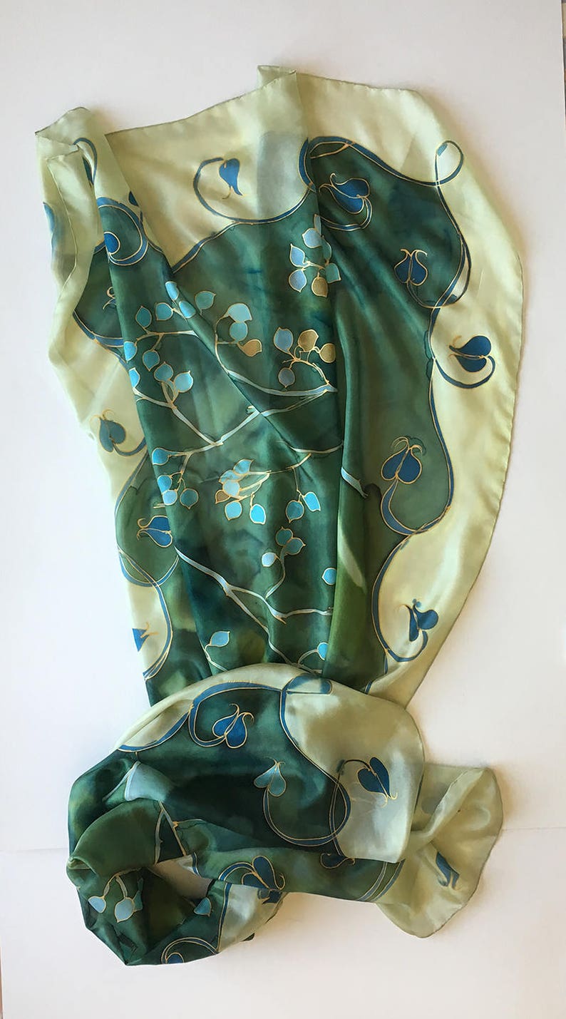 Green Silk Scarf Hand Painted in Art Deco Style Unique - Etsy