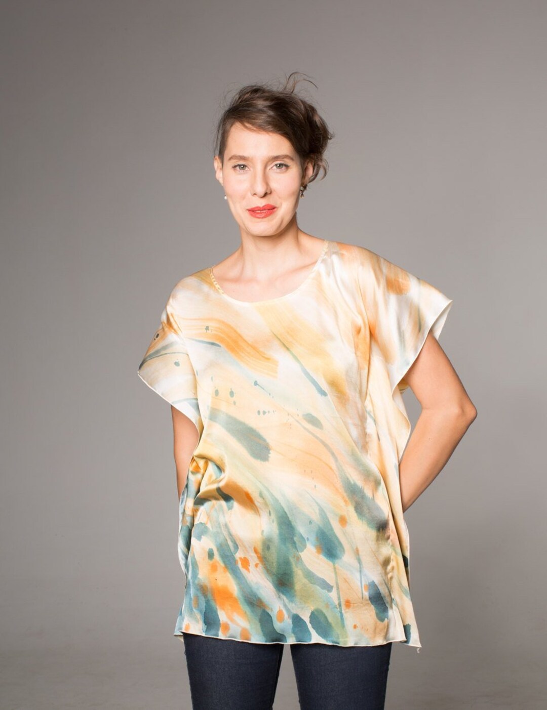 Hand-painted Silk Satin Blouse: Abstract Blue Grey Ocher Top - Etsy