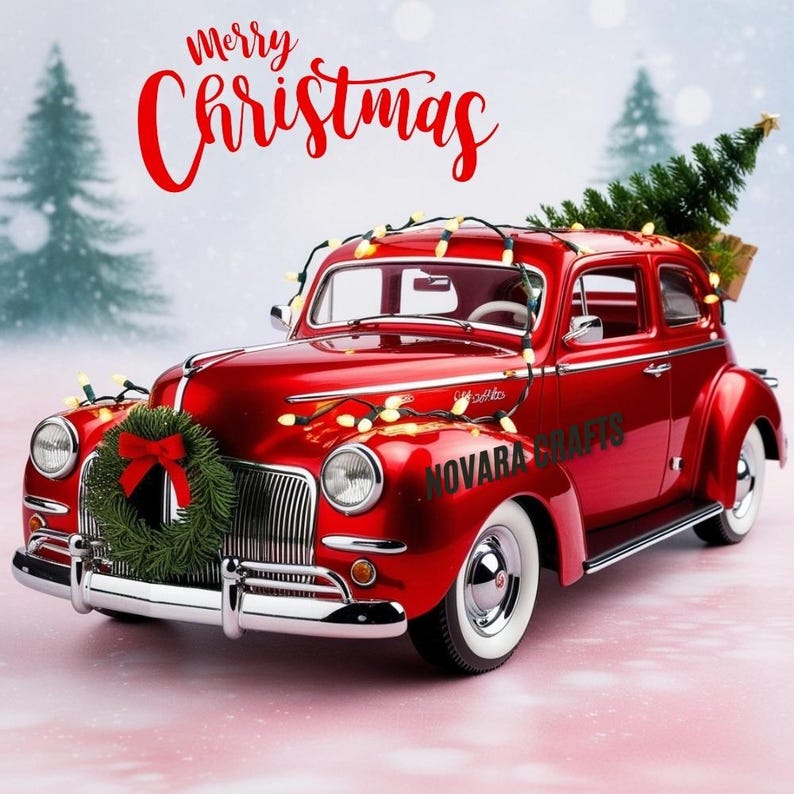 Christmas Red Car Clipart: Vintage Style PNG & JPG (digital Download ...