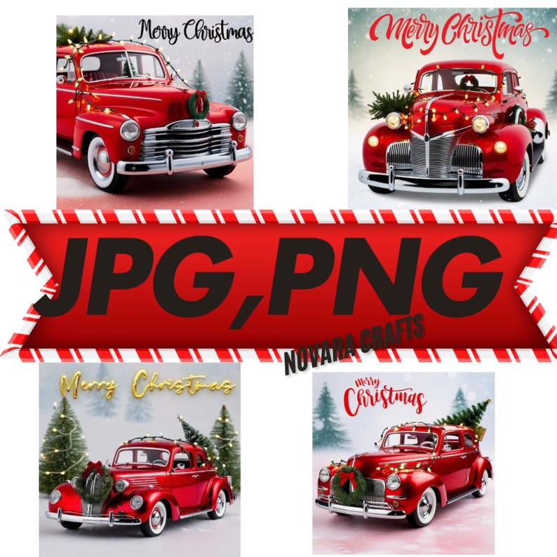 Christmas Red Car Clipart: Vintage Style PNG & JPG (digital Download ...