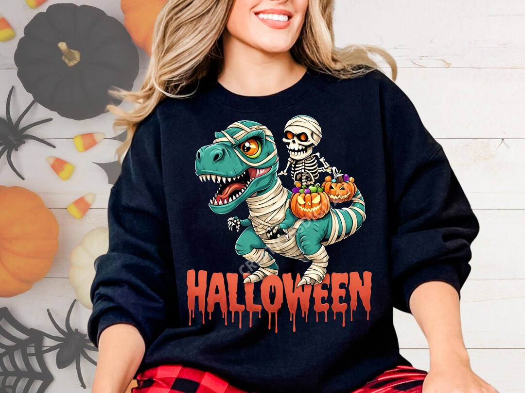 Funny Halloween T-rex Mummy Skeleton PNG SVG: Dinosaur Costume Design ...