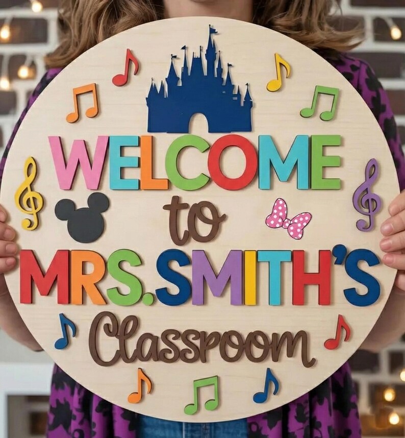 Custom Welcome Classroom Door Sign, Music Teacher Sign, Disney Teacher ...