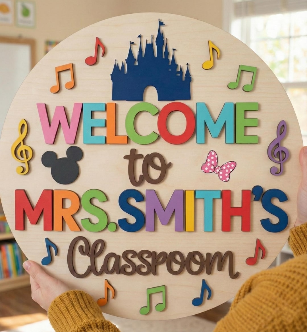 Custom Welcome Classroom Door Sign, Music Teacher Sign, Disney Teacher ...