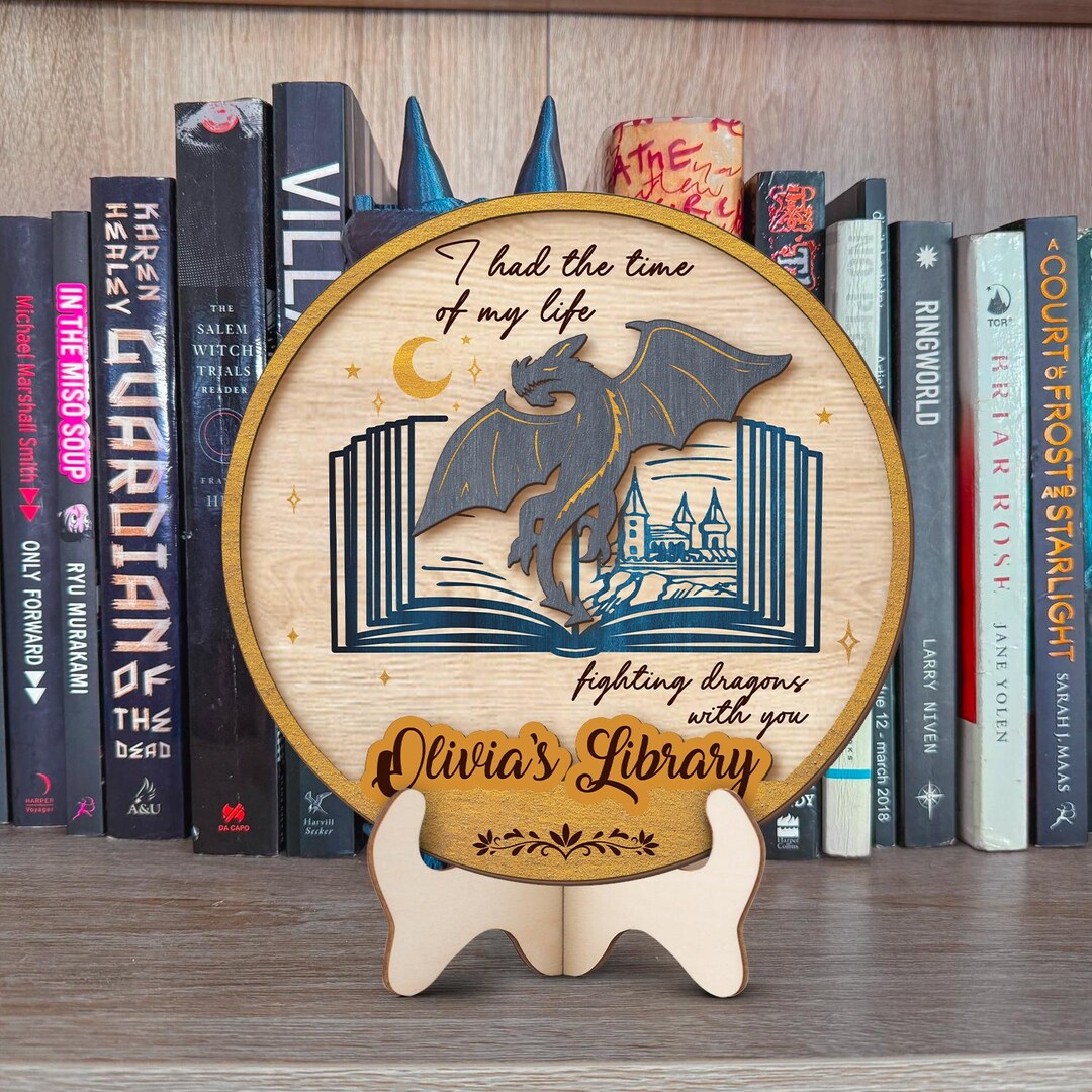Personalized Wooden Dragon Book Sign, Fantasy Library Decor, Custom ...